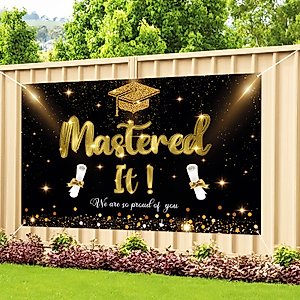 Labakita Mastered It Backdrop Banner, Masters Graduation Decorations, Masters Degree Graduation Banner, Graduation Decorations 2024, Graduation Party Indoor/Outdoor Decorations（Black and Gold）