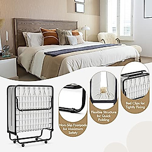 RELAX4LIFE Folding Bed with Mattress Memory Foam, Foldable Bed w/Sturdy U-Shaped Metal Bed Frame, 4 Universal Wheels, Portable Guest Bed, Easy Storage, Cot-Size Rollaway Single Bed, Made in Italy