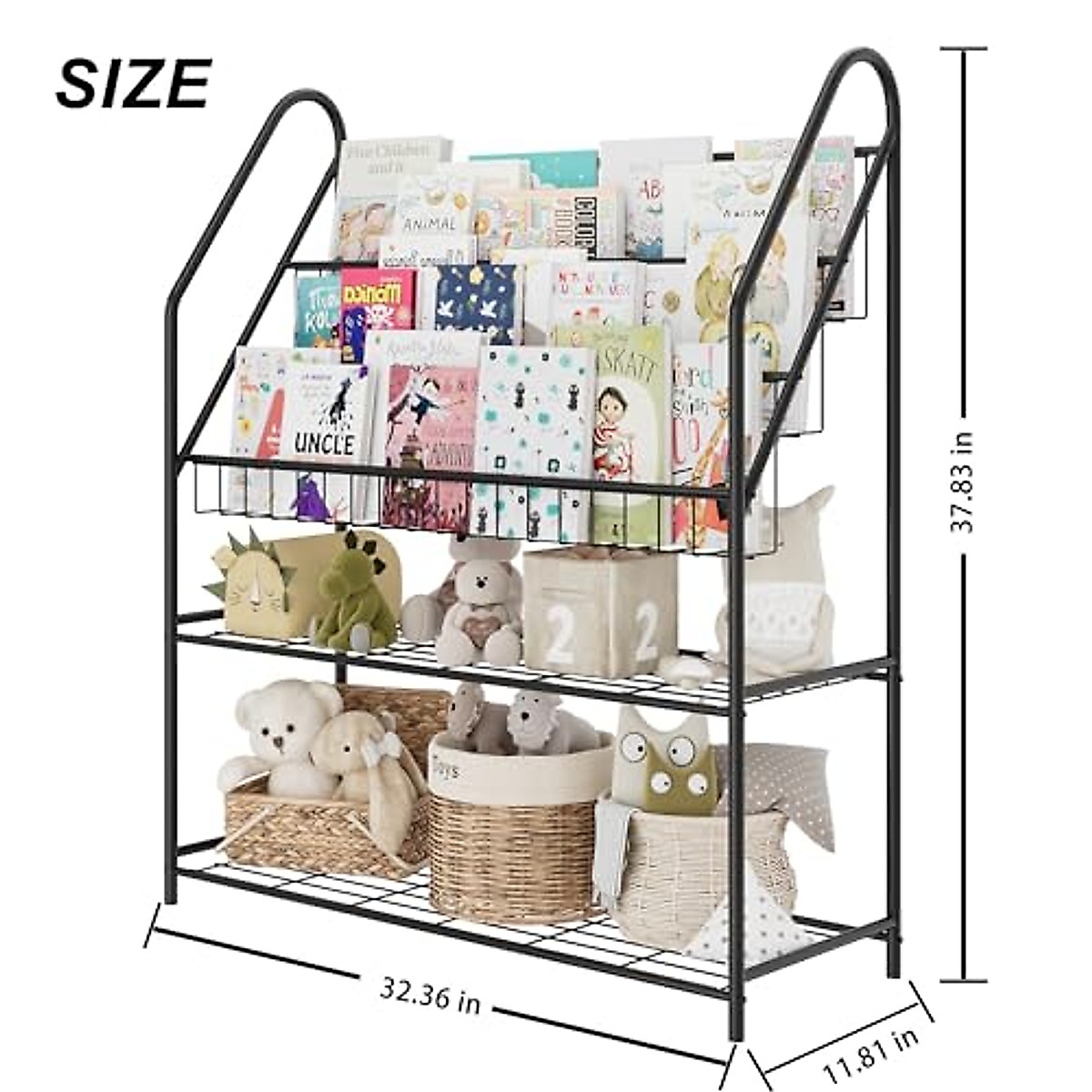 Emiosmt Black Bookcase for Children Metal Kids Bookshelves Modern Minimalist Toy Storage Large Bookshelf for Bookstore Bedroom, Classroom Furniture, Living, Library, Book Display Rack