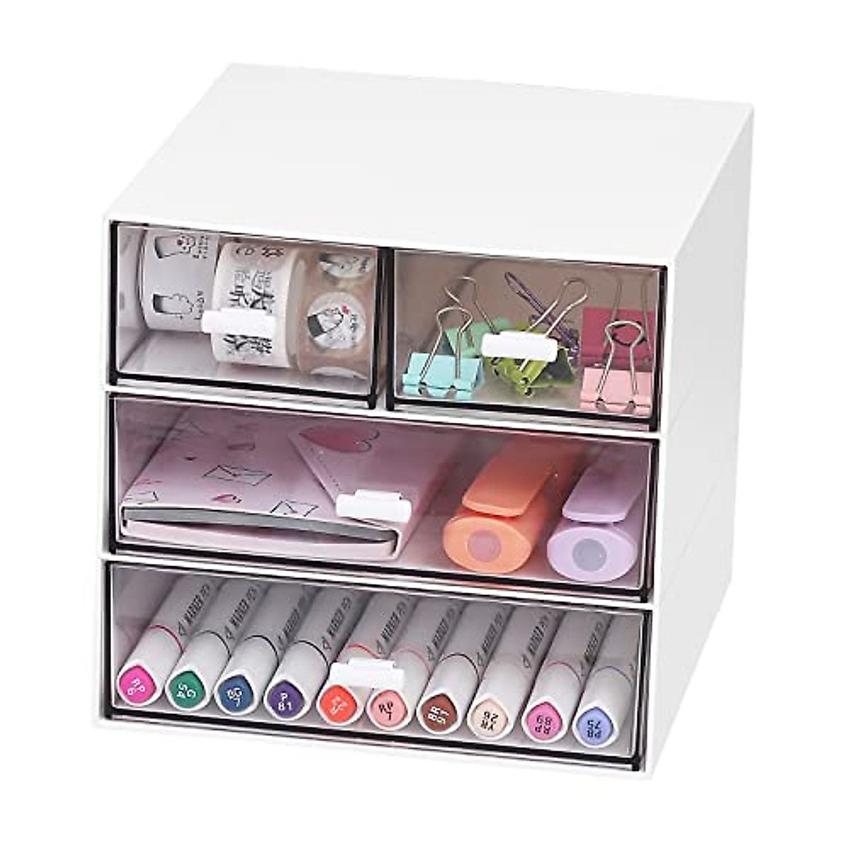 Comix Desk Organizer with Drawer, Desk Storage Box with 4 drawers, Plastic Office Stationery Supplies Organizers, Desktop Organizer for Office School Home (White)