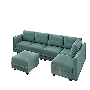 LLappuil Modular Sectional Sofa, Convertible L Shaped Sectional Couch with Storage, Faux Leather Fabric, Modular Sectionals with Chaise, 5 Seats with Ottoman Sofas for Living Room, Aqua Blue