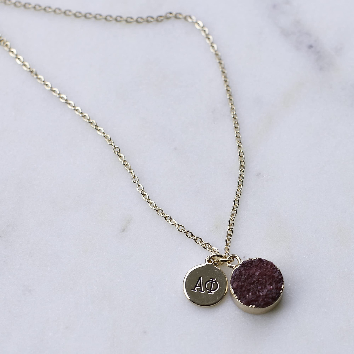 Sorority Shop CO Necklace - Chi Omega Red Druzy Gemstone Necklace With Engraved Pendant – 14K Gold Dipped Jewelry with Red Gemstone – Sorority Gift, Charm Paraphernalia
