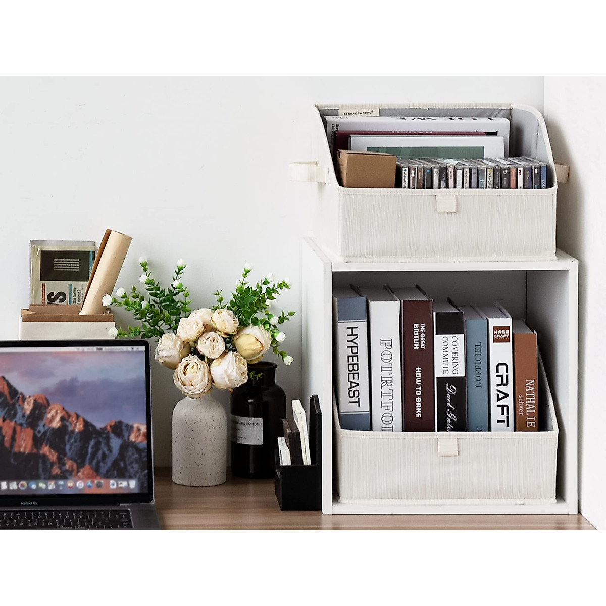 StorageWorks 3-Pack Foldable Trapezoid Storage Bins with 2-Pack Decorative Storage Boxes