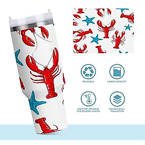 RPLIFE Playful Lobsters Starfish White Tumbler with Handle and Straw, Stainless Steel Coffee Cup, Insulated Coffee Mug with Lid, Tumbler for Men