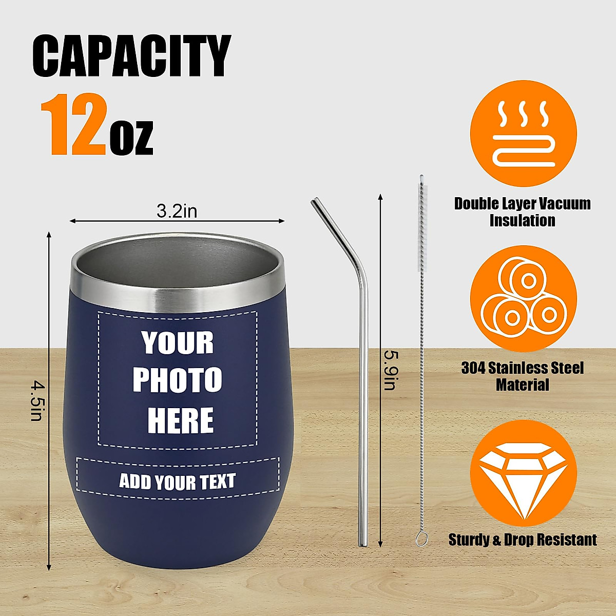 Personalized Custom Wine Tumbler - 12oz Stainless Steel Customized Coffee Mug with Lid & Straw, Double Walled Insulated Cup with Text Picture Name Logo for Hot Cold Drinks Women Men Family (Blue)