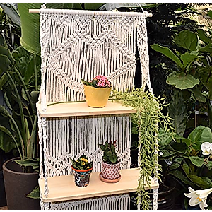 Macrame Wall Hanging Shelf-ideal décor-plants storage bookshelf-Bohemian Decorative Shelves-Boho Floating Indoor Shelving–For bedroom kitchen bathroom room with window Plant hanger 3 Tier Heart