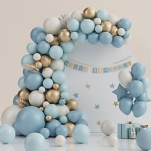 134Pcs Dusty Blue Balloons Arch Garland Kit, Dusty Baby Pastel Blue Chrome Gold Blue Sand White Confetti Balloon for Boy Baby Shower Decorations Bridal Shower Gender Reveal Birthday Party Supplies