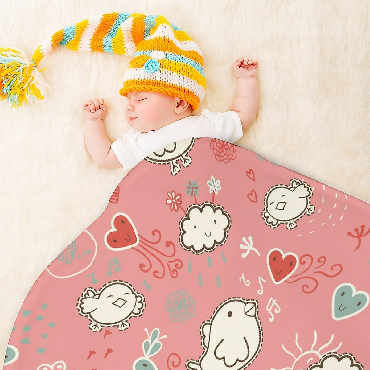 LAKIMCT Cartoon Birds Hearts Clouds Round Soft Baby Blankets for Boys Girls, Newborn Blanket for Suitable for Swaddling Sleep Stroller Cover Nursery Blanket, 35 Inch