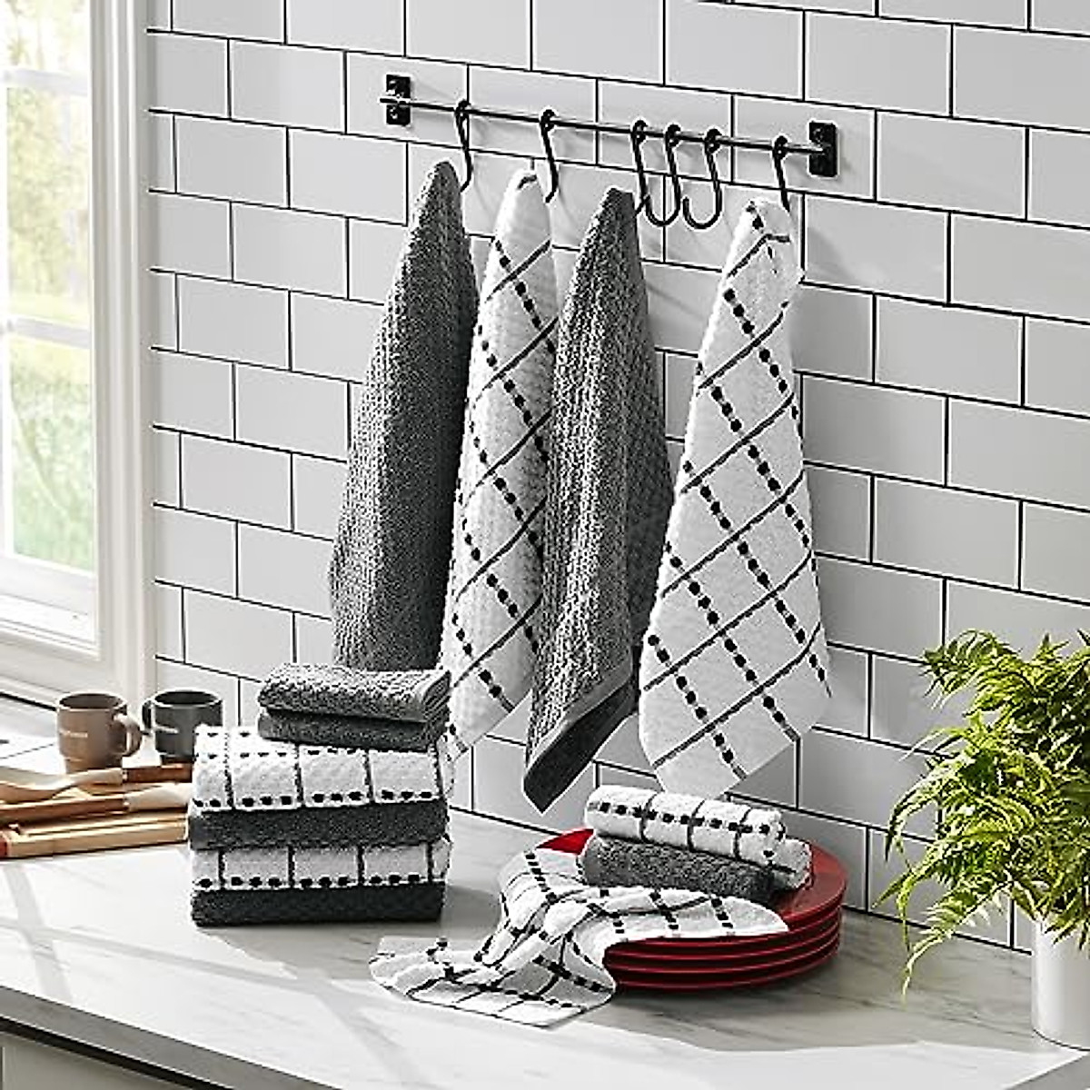 20-Piece Kitchen Towels And Dishcloths Sets - 100% Cotton Terry Dish Towels For Kitchen - Absorbent & Quick Drying Hand Towels- Super Soft & Scretch Free - 10 Towels 15"x25" + 10 Dish Cloths 12"x12"