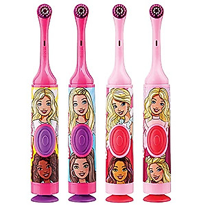 GUM Barbie Kids Power Electric Toothbrush with Suction Cup Base for Home or Travel Oral Health and Dental Plaque Removal, Ages 3+, Pack of All 4