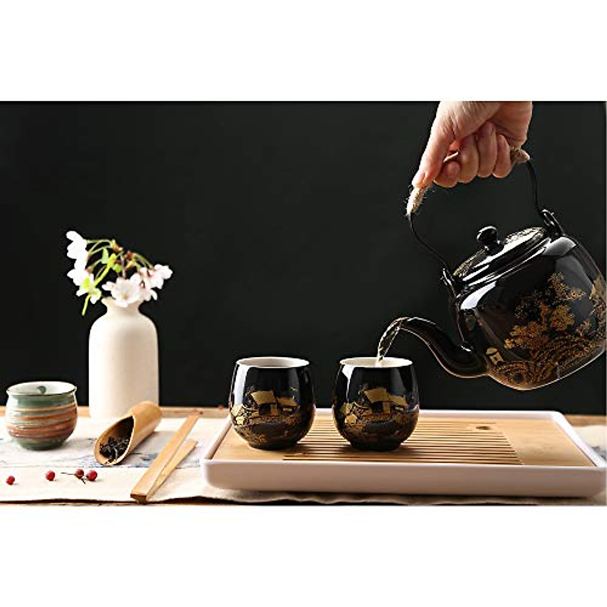 Dujust Japanese Tea Set, Black Porcelain Tea Set with 1 Teapot Set, 6 Tea Cups, 1 Tea Tray, 1 Stainless Infuser, Beautiful Asian Tea Set for Adults, Tea Lover/Women/Men (Countryside in Golden)