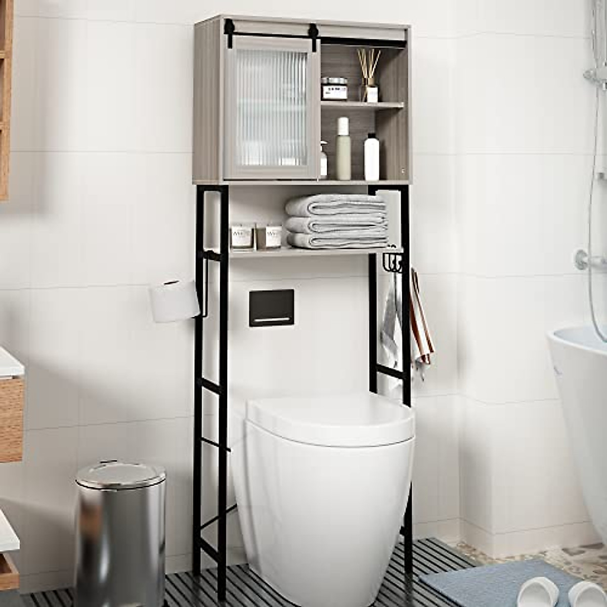AZODY Over The Toilet Storage Cabinet, Over The Toilet Storage with Adjustable Shelves and Sliding Door, Freestanding Bathroom Organizer Over Toilet for Bathroom, Grey