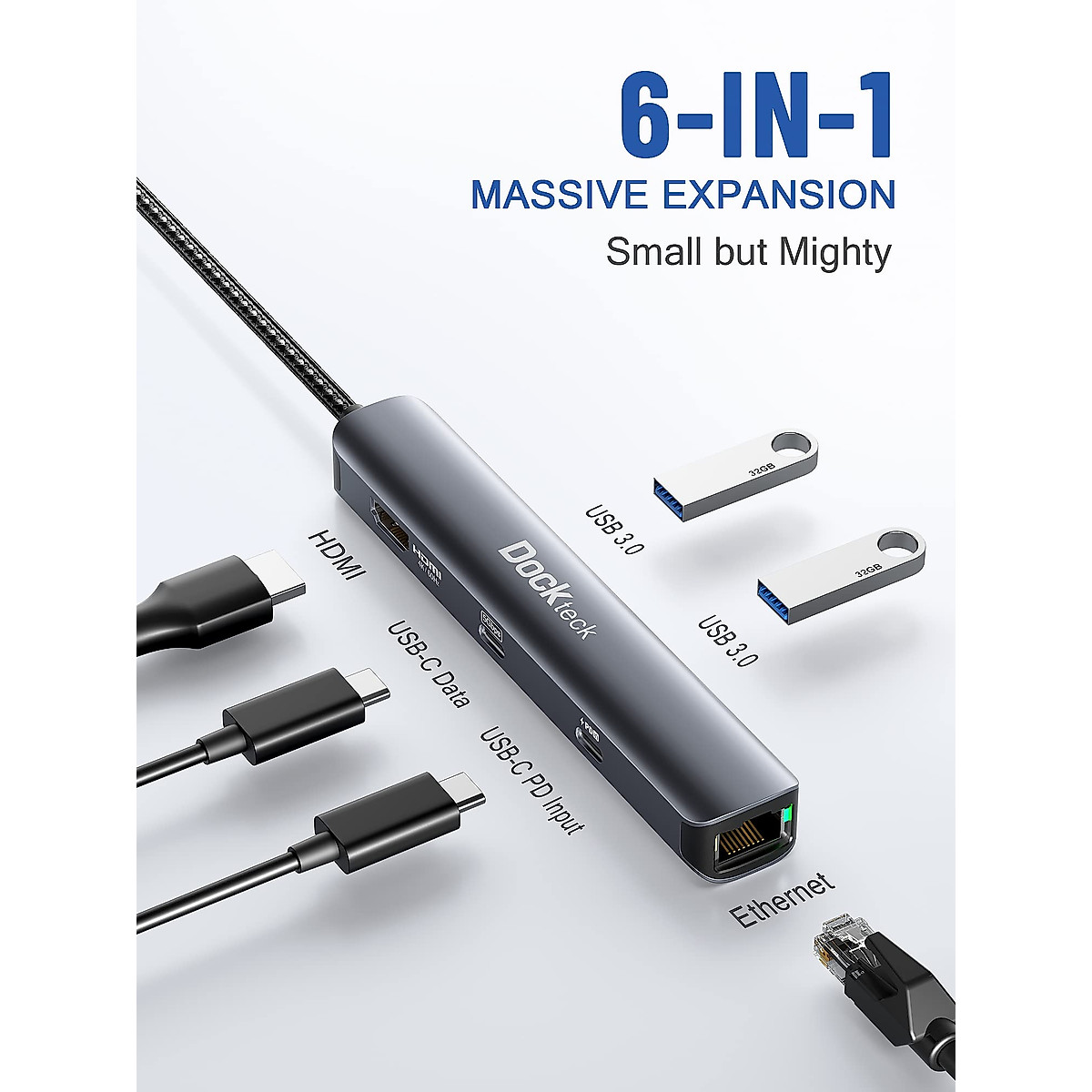 USB C Hub Ethernet,6 in 1 Laptop Docking Station, Dockteck USB C Multiport Adapter with 4K@60Hz HDMI, 100W PD,USB-C Data Port, 1Gbps LAN, 2 USB 3.0 for MacBook Pro/Air, Surface Pro, XPS and More