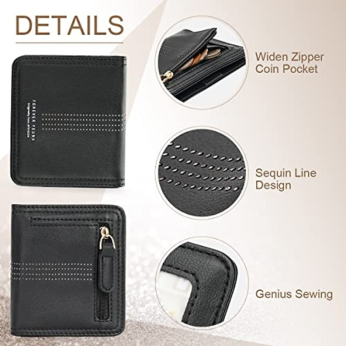 APHISON Womens Wallet, RFID Wallet Women Sequin Line Vegan Leather Slim Bifold Compact Small Wallet for Women with ID Credit Card Holder Zipper Coin Pocket Wallet Black