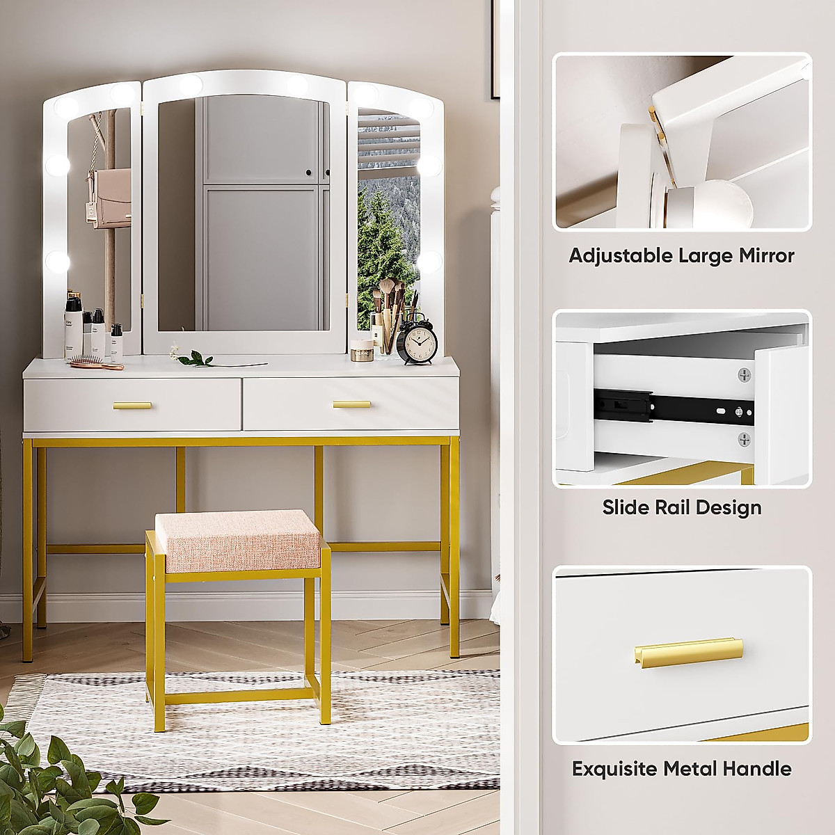 Semiocthome White Makeup Vanity Desk with Mirror and Lights, Make Up Vanity with Power Strip, 39.4" W Vanity Table with 2 Drawers and Stool for Girls, Vanity Set with Gold Metal Frame for Bedroom