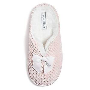 Laura Ashley Womens Memory Foam Slip On Terry Cloth Clog Slippers, Ladies Fuzzy Rubber Bottom Fur Bedroom House Shoes, Chalk Pink, Large