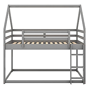 Twin Over Twin Low Bunk Bed, Wood House Bunk Bed Frame with Ladder, Guardrail and Roofs Floor Bunk Bed for Kids, Teens, Girls, Boys,Gray