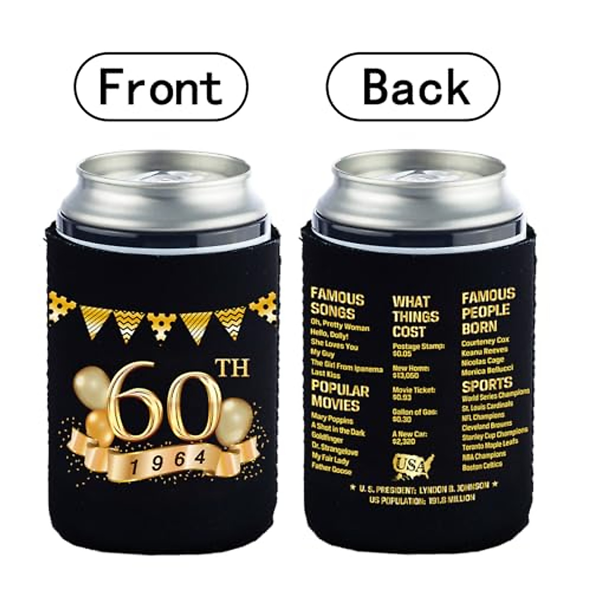 60th Birthday Can Cooler Sleeves Pack of 12-1964 Sign -60th Anniversary Decorations - Dirty 60th Birthday Party Supplies - Black and Gold Sixtieth Birthday Cup Coolers
