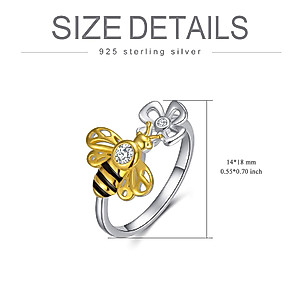 LONAGO Bee Ring with Flower 5A Cubic Zirconia Yellow Gold 925 Sterling Silver Bee Stacking Ring for Women (Size 7)