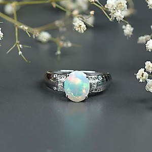 Natural Certified Opal 8X10mm Oval Engagement Ring, AAA Quality, Ethiopian Opal Diamond Solitaire Ring - With Jewelry Box, 14K White Gold, Size:US 7.00