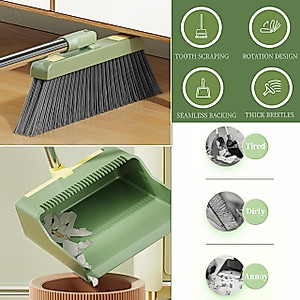 Premium Broom and Dustpan Combo Set - Long Handle, 180° Rotating, Standing Storage - Built-in Comb Teeth and Claps for Dust Wipe Paper - Space-Saving Design (Orange)