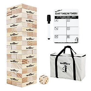 WIn SPORTS Giant Tumbling Timbers - Yard Games Large Wooden Tumble Tower Blocks Stacking Yard Game, with 1 Dice Set &Stacks to Over 5 FT,Made from Premium Pine (7.5"x2.5"x1.5", 54 PCS)