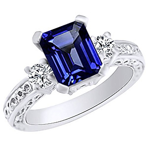 AFFY 3.04 cttw Simulated Tanzanite & White Natural Diamond Three Stone Engagement Wedding Ring in 14k White Gold with Ring Size 9.5