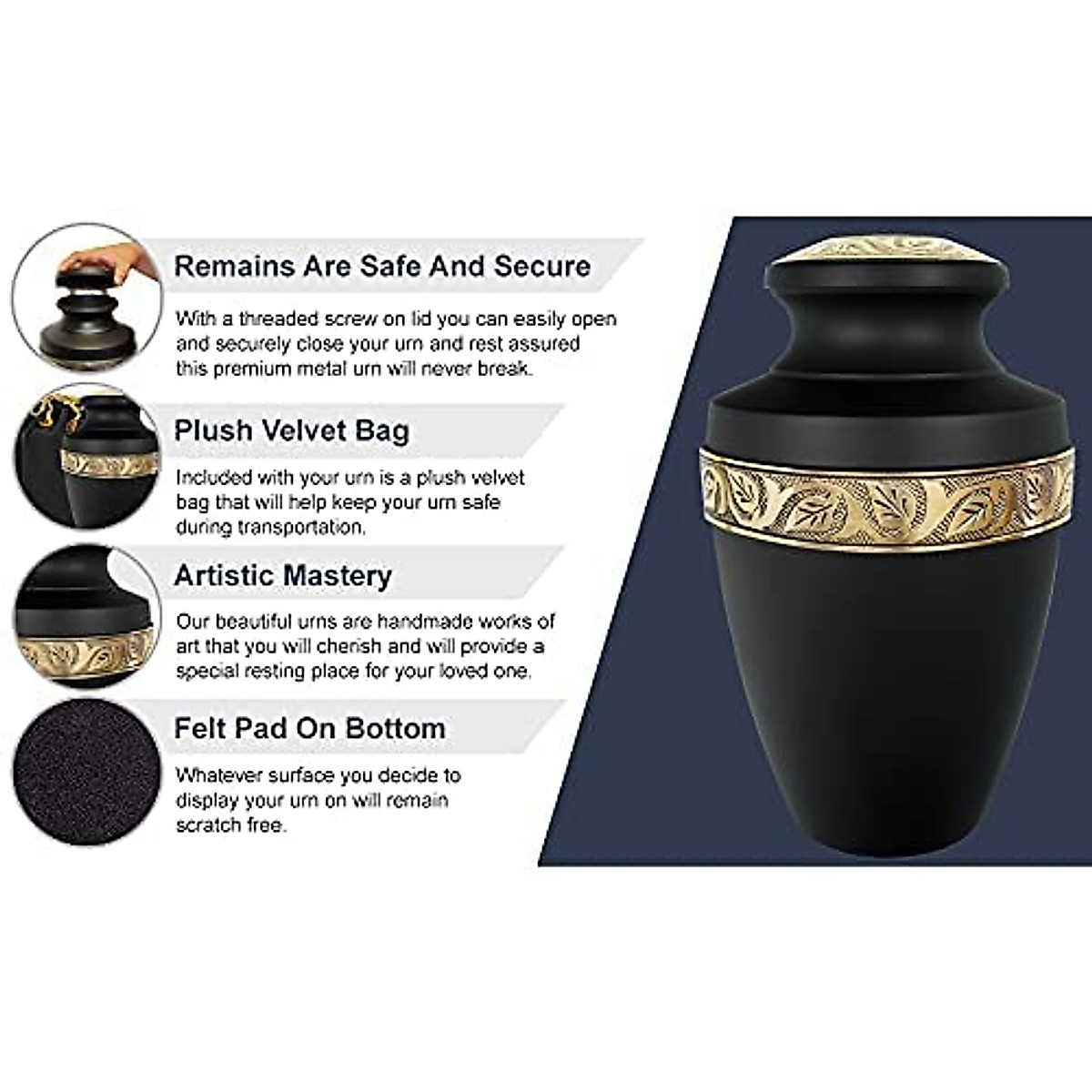 Trupoint Memorials Cremation Urns for Human Ashes - Decorative Urns, Urns for Human Ashes Female & Male, Urns for Ashes Adult Female, Funeral Urns - Black, Large