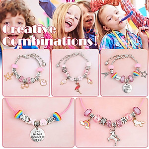 DIY Charm Bracelet Making Kit, Flasoo Jewelry Kit for Teen Girls with Unicorn Mermaid Pink Stuff Craft Gifts for Birthday, Christmas, New Year