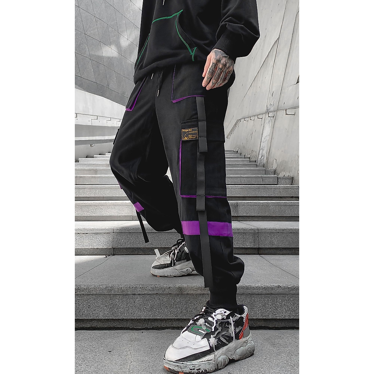 Mens Color Patchwork Punk Cargo Tactical Track Pants Techwear Hip hop Joggers Streetwear Pants Pink-20 X-Small