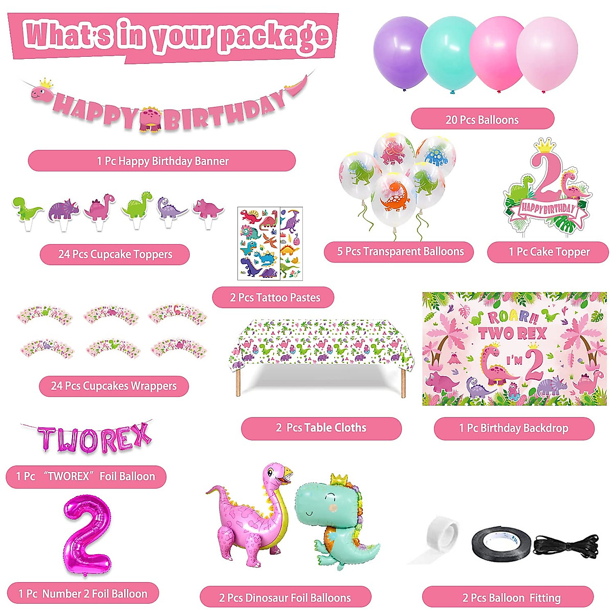 KOTLMIGHT Dinosaur Birthday Party Supplies for 2 Year Old Girl, Two Rex Pink Dinosaur Dino Party Decorations for Girls Baby - Backdrop, Banner, Toppers, Cupcakes Wrappers, Balloons and Tablecloth