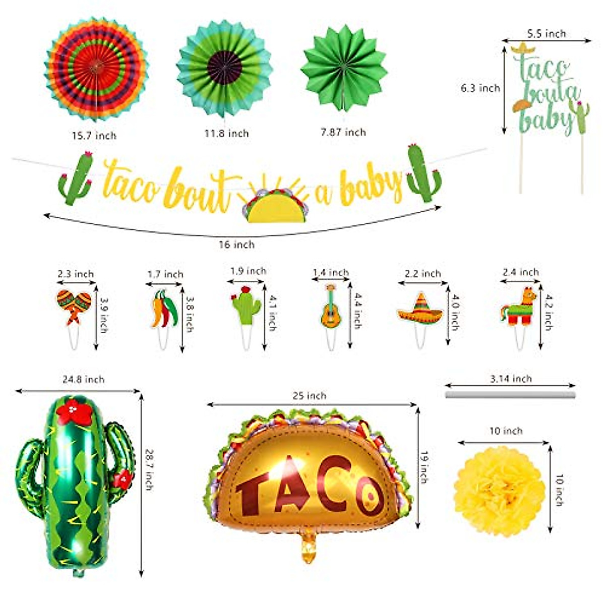 Ayamuba Taco Bout a Baby Decoration,Mexican Birthday Party Decoration with Fiesta Paper Fans, Taco Bout a Baby Banner, Cactus Balloons for Fiesta Baby Shower Decoration, Wedding Décor