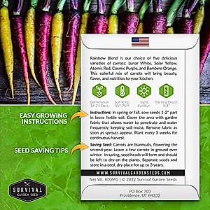 Survival Garden Seeds - Rainbow Blend Carrot Seed for Planting - Packet with Instructions to Plant and Grow White, Yellow, Red, Orange & Purple Carrots in Your Home Vegetable Garden - Non-GMO Heirloom