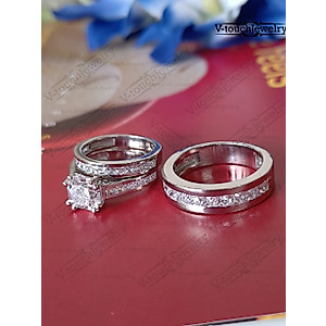 V Touch 14K White Gold Plated 925 Sterling Sliver 3 Piece Wedding His Engagement & Her Band Rings Sets Cushion & Princess Cut Created Diamond for Couple Mens and Women Trio Ring Set