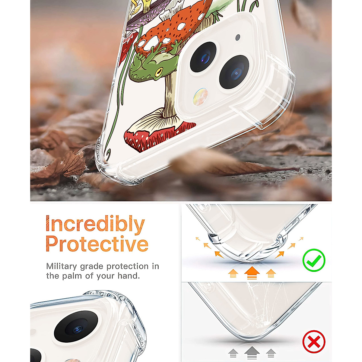 PAPCOOL,Frogs Phone Case Mushrooms Phone Case Cover,Clear Cute Forest Phone Case Kawaii Aesthetic Vintage Animal Cartoon Pattern for Fashion Slim Soft TPU Compatible with iPhone 13 Mini