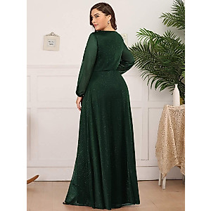 Ever-Pretty Women's Glitter A Line High Slit V-Neck Plus Size Formal Gowns and Evening Dresses Dark Green US18