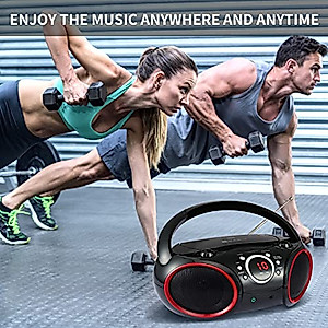 SINGING WOOD 030C Portable CD Player Boombox with AM FM Stereo Radio, Aux Line in, Headphone Jack, Supported AC or Battery Powered (Black with a Touch of Red Rims)