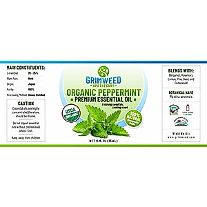 Grimweed Apothecary Organic Peppermint Essential Oil, 100% Pure and Natural | Premium Grade Essential Oils for Diffusers, Aromatherapy, Massage, Humidifiers and Topical uses