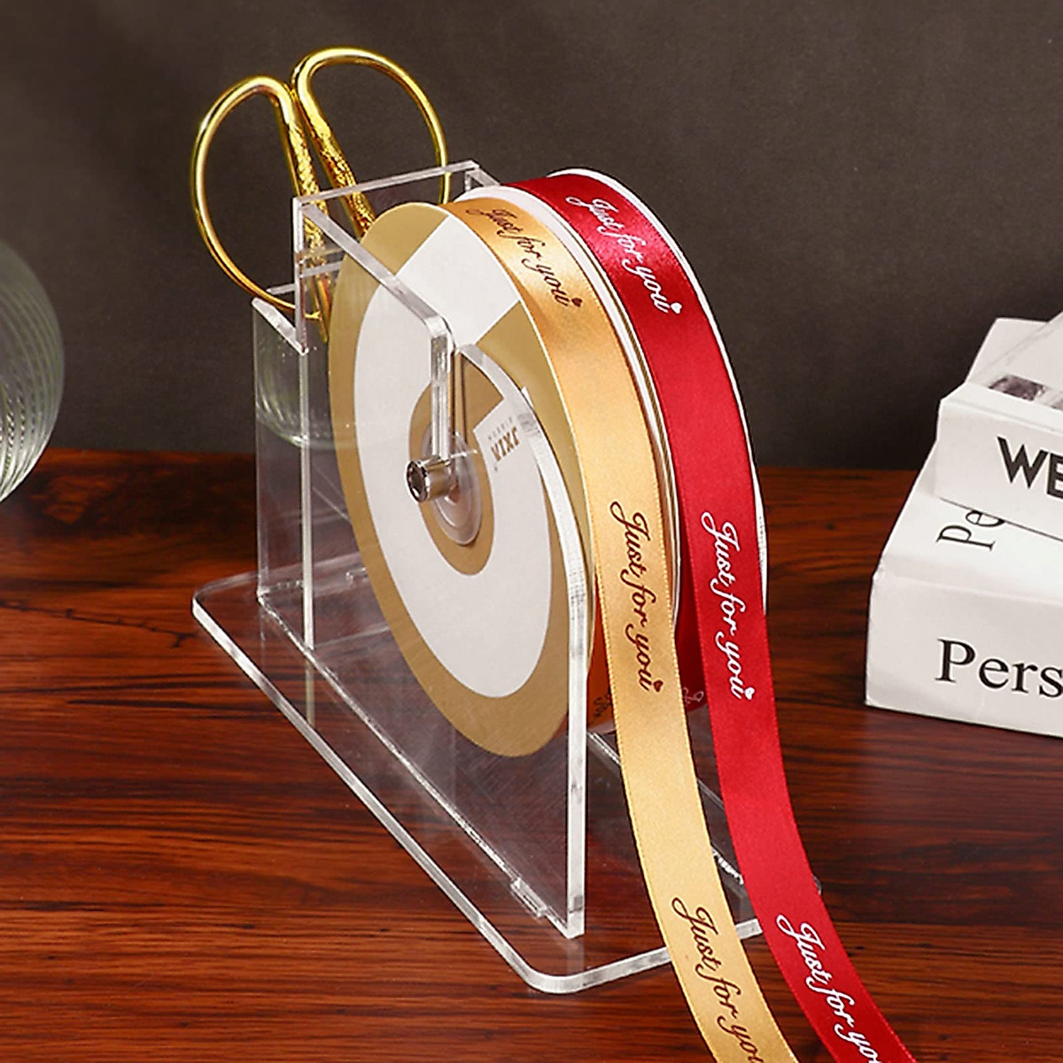 Transparent Ribbon Spool Holder Stand, Mini Label Dispenser Multiple Roll Holder, Table Top Ribbon Storage Organizer with Removable Rod and Scissors Stand ( Color : 22.5x8.5x14.5cm(8.8x3.3x5.7 in) )