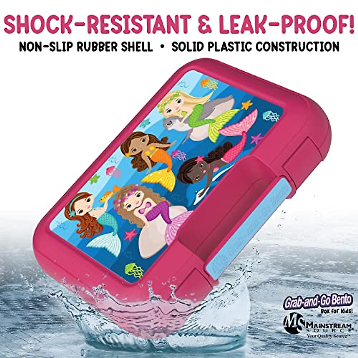 Mainstream Source Kids Grab-and-Go Bento Lunch Bento Box – Includes Removable Tray w/ 5 Compartments, Spork, & Name Stickers, the Ultimate Kids Lunch Box (2 Pack, Unicorns Castle & Mermaids)