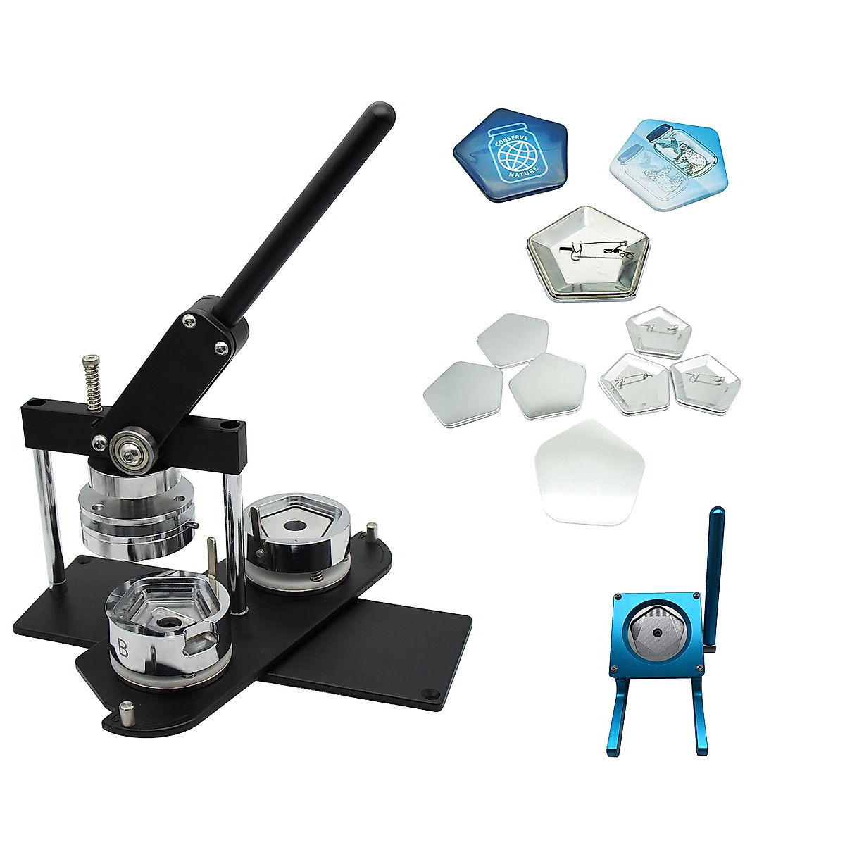 ChiButtons (KIT) Pentagonal 58x60mm Pro Badge Machine Button Maker-B400 + Mould + 100 Parts + Blue Stand Cutter Metric System (Black)