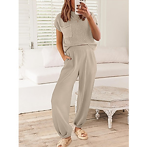 ANRABESS Women's Two Piece Outfits Knit Sweater Vest Crop Top Pants Lounge Matching Tracksuit Sweatsuit Travel Clothes Sets Khaki Small