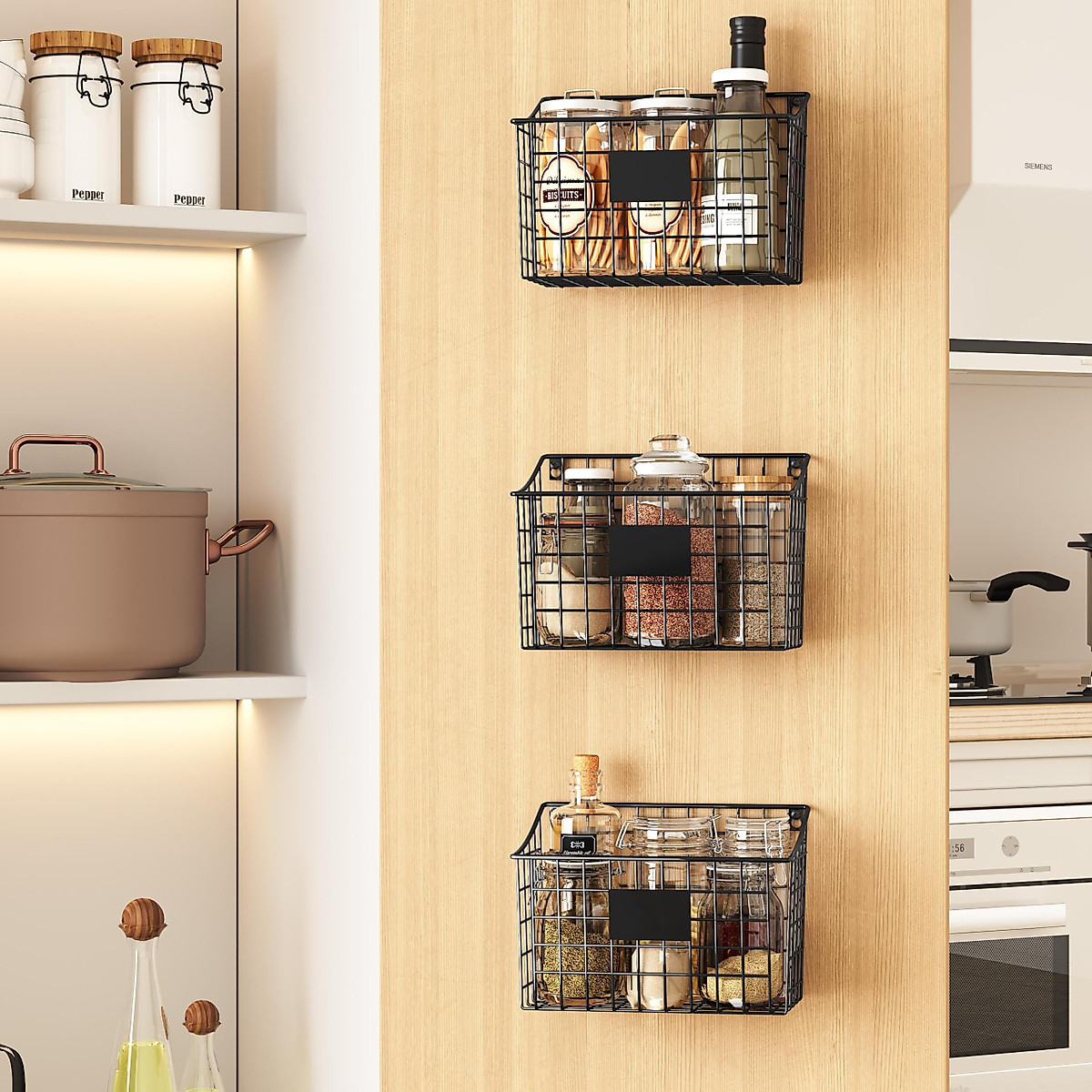 Wall Mounted Bin Basket with 5 Hooks 3 Label Plate Adhesive-3 Pack, Cabinet Hanging Metal Wire Basket,Rustic Farmhouse Decor, Storage Organization Shelf for Pantry Kitchen Bathroom 10.6*7.5*5.1inch