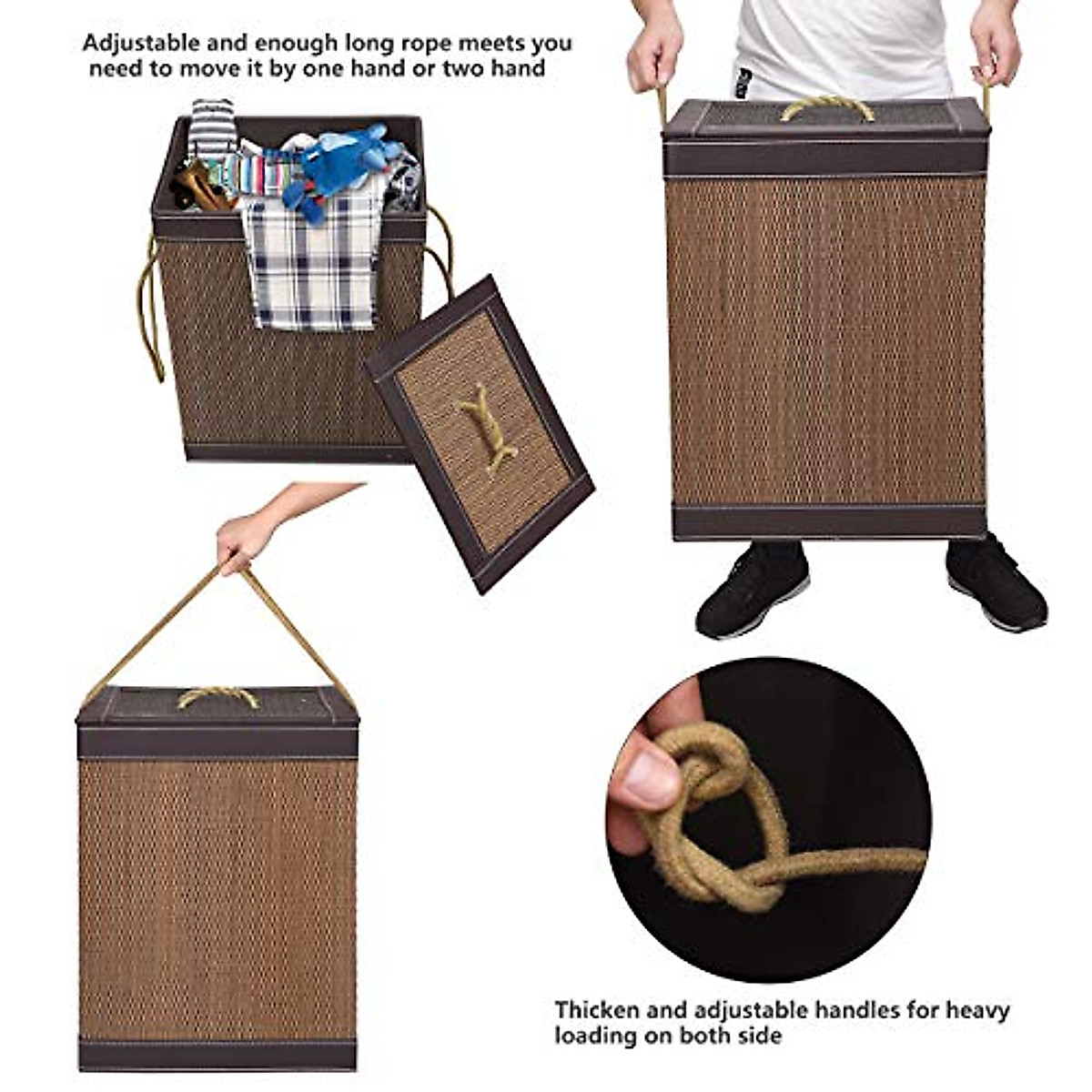 Giantex 5-Piece Bamboo Hampers Large and Square,for Shelves Clothes, Toys, Books Organizer Home Storage Basket W/Lid,Triple Handles Eco-Friendly Material Dust-proof Laundry Storage Basket Set