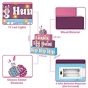 Easter Wooden Block Sign with Led Lights- Easter Egg Hunt Hop Hop Hop Light up Wood Sign for Table Mantle - Spring Easter Farmhouse Home Kitchen Battery Operated Wooden Sign Tabletop Tiered Tray Decor