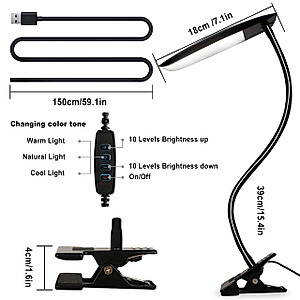 LiFMIRA Clip on Lamp USB Reading Light 3 Color Modes 3000-6000K and 10 Brightness 8W 40 LED Flexible Gooseneck Desk Light Clip on Lamp for Desk Eye Caring Bed Lamp for Headboard (No Plug)