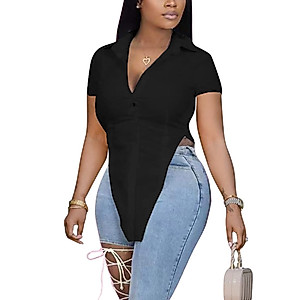 LYANER Women's V-Neck Collar Short Sleeve Slit Hem Button Front Long Shirt Blouse Top Solid Black XXX-Large