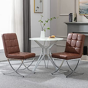 LukeAlon PU Leather Dining Chairs Set of 2, Upholstered Button Tufted Dining Room Chairs with Metal Legs Modern Armless Dinner Chairs Comfy Side Chairs for Kitchen, Brown