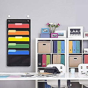 JiatuA Storage Pocket Chart, 5 Pockets Hanging Wall File Organizer with 4 Hooks, Hanging Pocket Chart - Hanging Storage Organizer for School, Home or Office Wall Pocket Chart, Black, 2 Pack