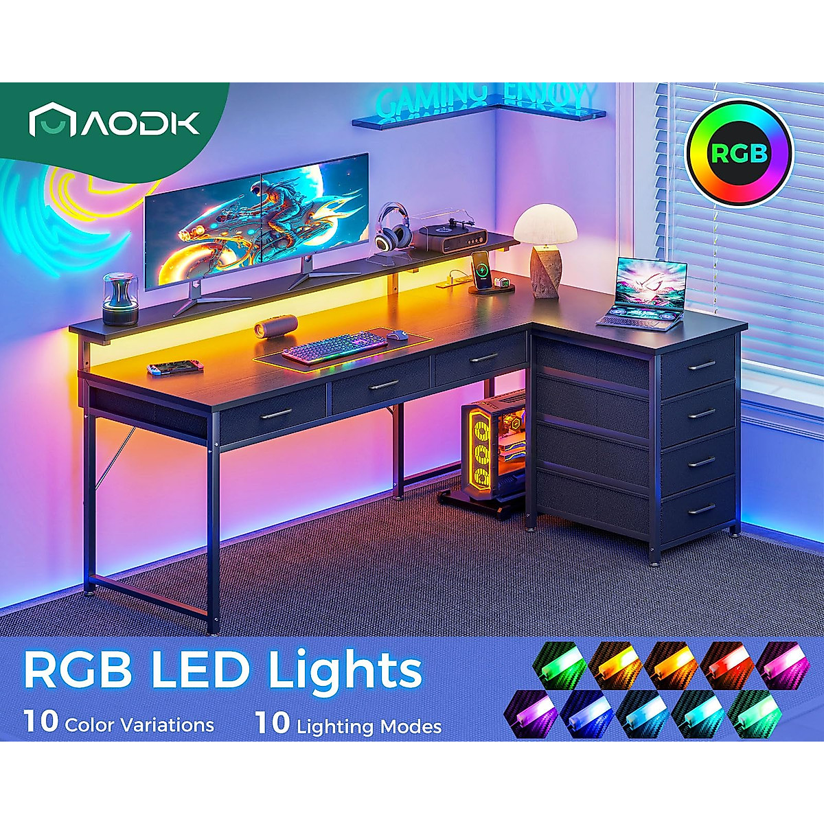 AODK 61" L Shaped Desk with 7 File Drawers, Gaming Desk with LED Light & Power Outlet, Reversible Home Office Desk with Monitor Shelf & Movable CPU Stand, Corner Computer Desk, Black